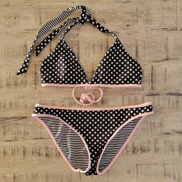 Swim | Black Pink White Polka Dots And Stripes Reversible 2 Pc Bathing ...